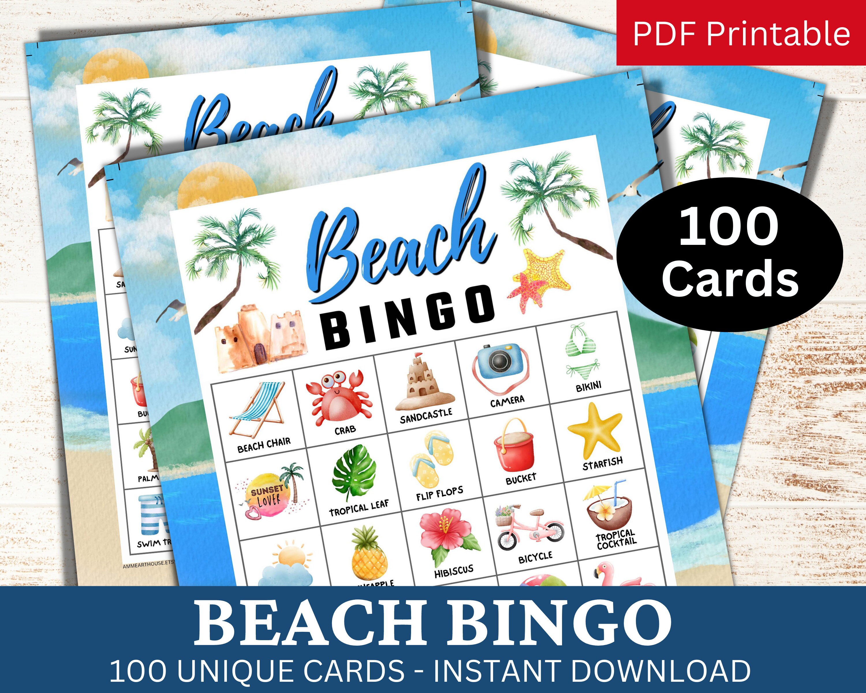 100 Beach Bingo Game Card Watercolor Summer Themed Activity - Etsy
