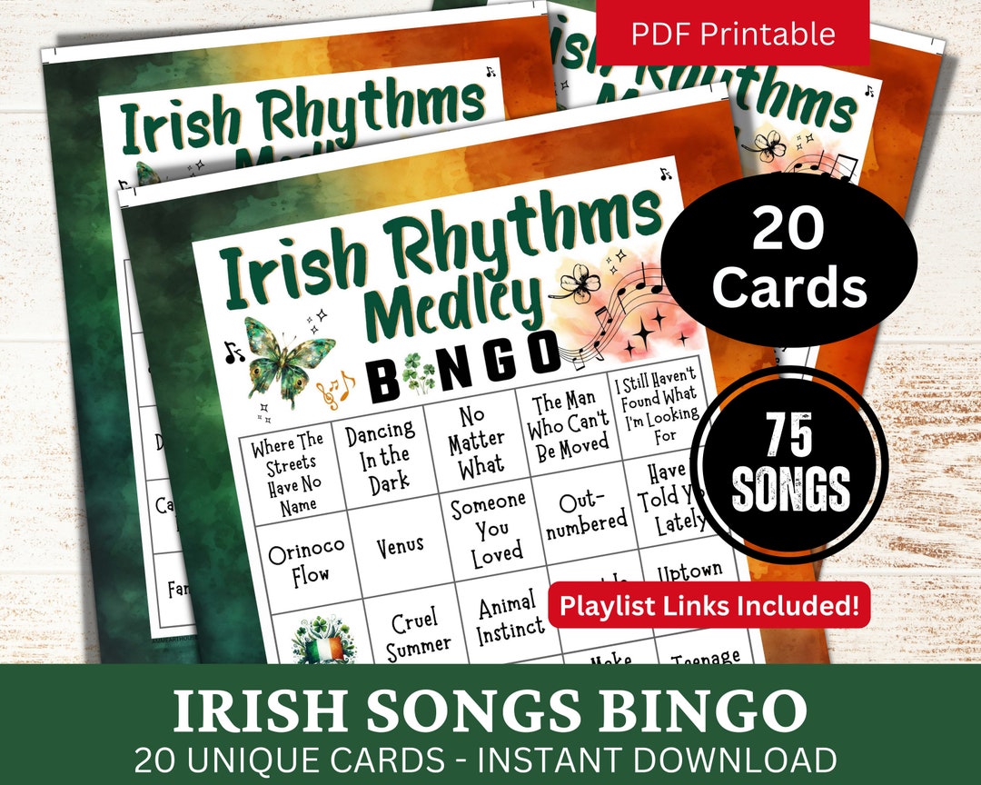 Irish Songs Bingo 20 Cards, Lucky Theme Ireland Bingo, Drinking Party ...
