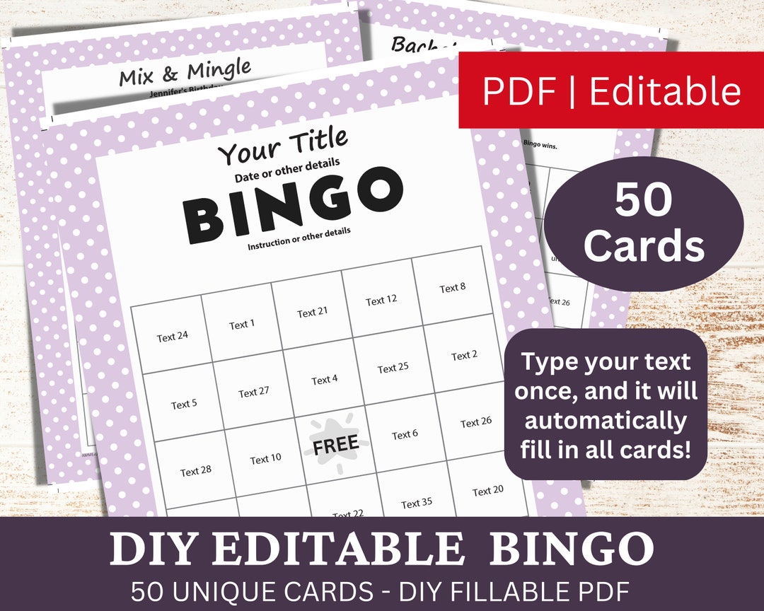 50 Editable Bingo Pastel Purple Template PDF, DIY Fillable Bingo Game ...