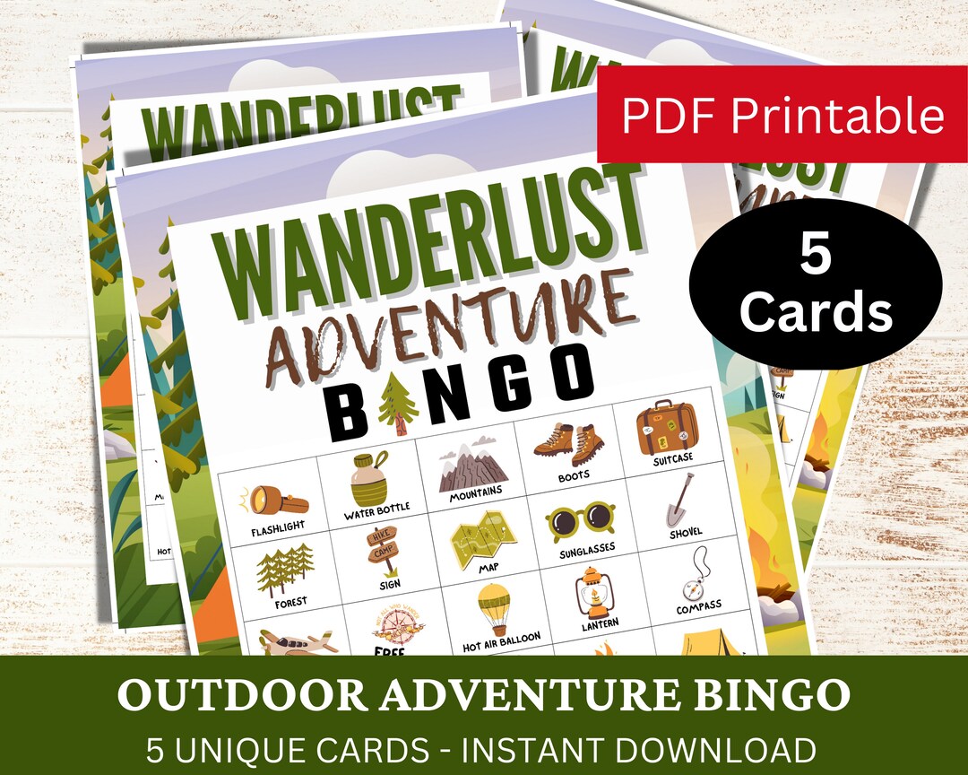 5 Outdoor Adventure Bingo Game Cards, Camping Theme Activity, Summer ...