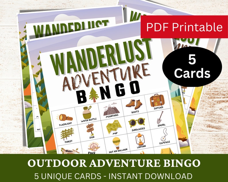 5 Outdoor Adventure Bingo Game Cards Camping Theme Activity - Etsy