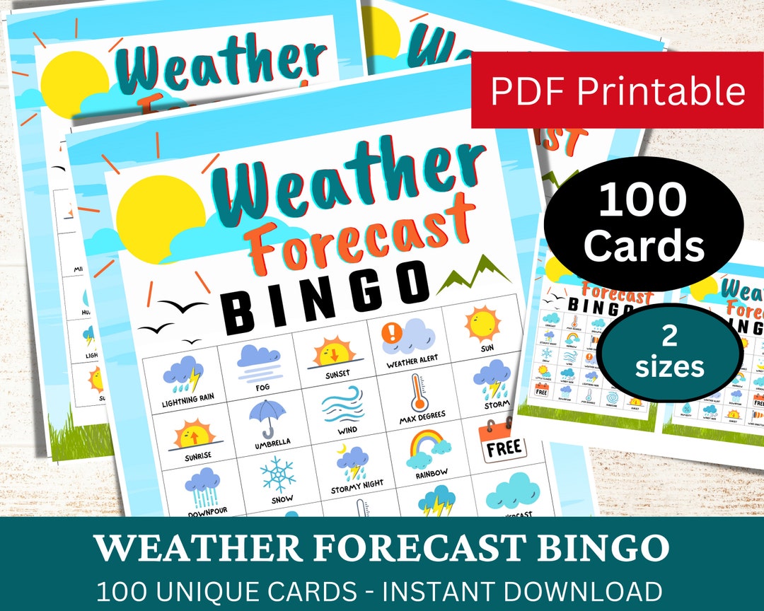 100 Weather Forecast Bingo Game Card, Meteorology Theme Activity, Fun ...