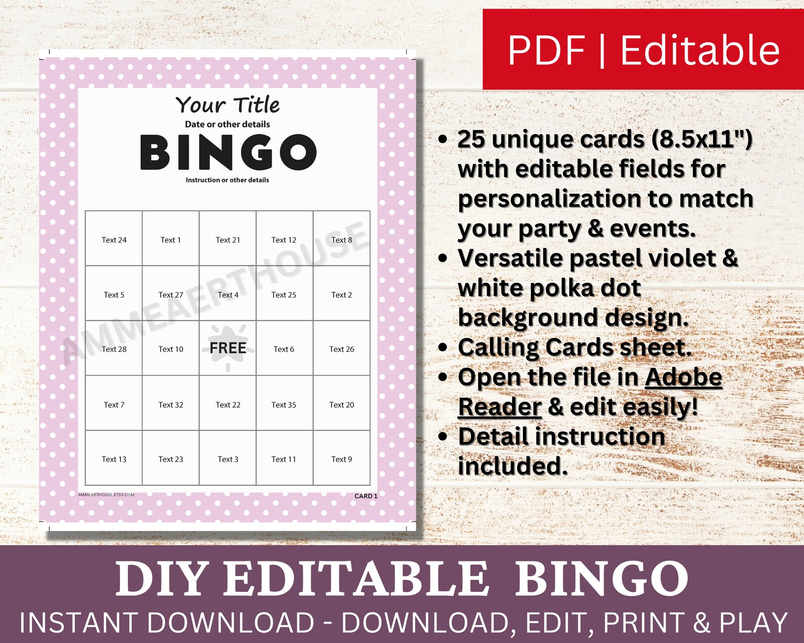 25 Editable Bingo Pastel Violet Template PDF, DIY Fillable Bingo Game ...