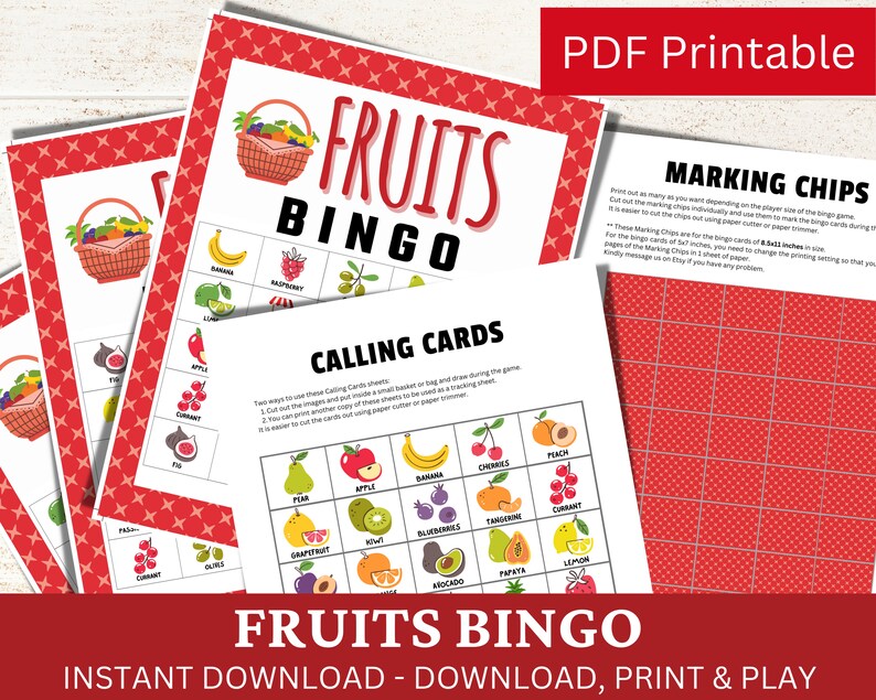 20 Fruits Bingo Game Card, Food Theme Party Activity, PDF Game ...