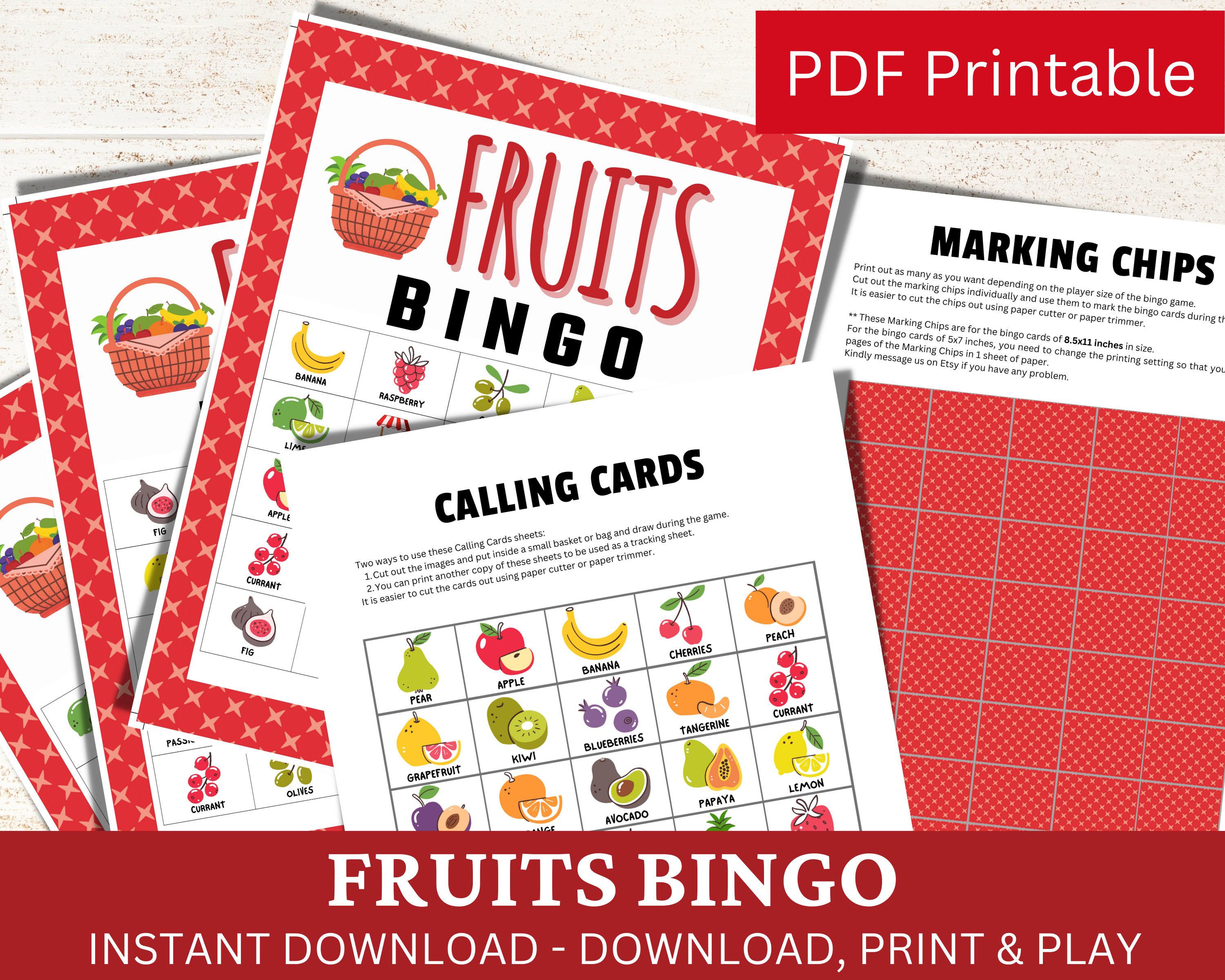 20 Fruits Bingo Game Card, Food Theme Party Activity, PDF Game ...