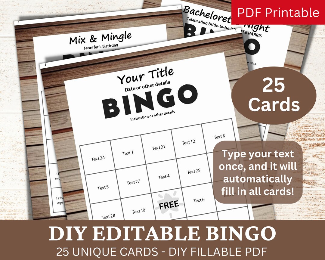 25 Editable Bingo Rustic Pale Wood Template PDF, DIY Fillable Game Card ...