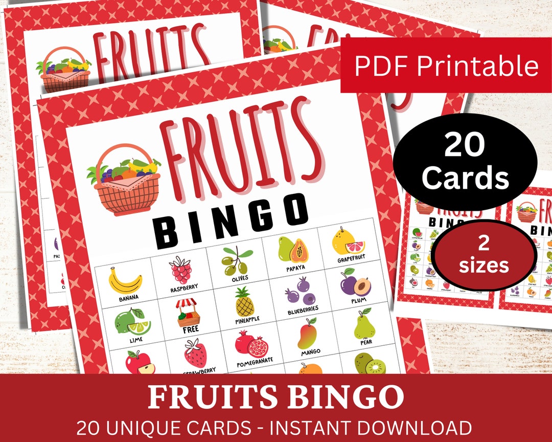 20 Fruits Bingo Game Card, Food Theme Party Activity, PDF Game ...