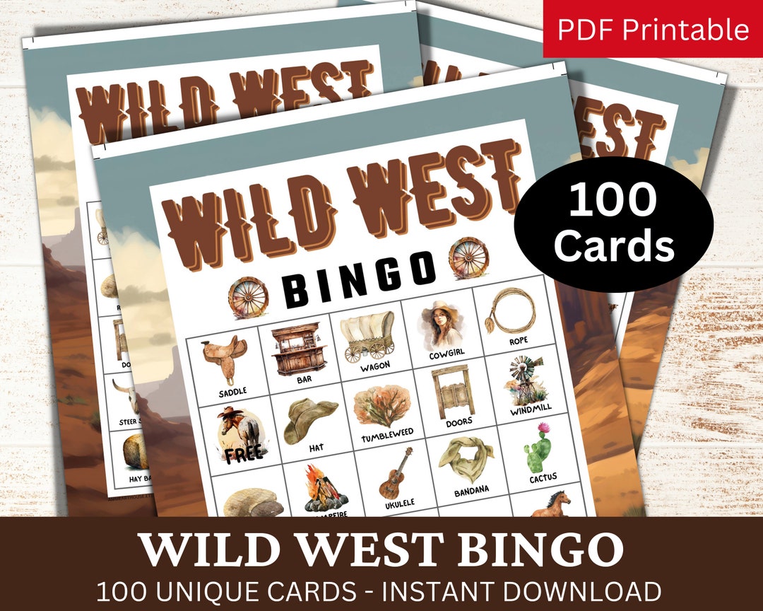 100 Wild West Watercolor Bingo Game, Cowboy Family Party, Summer Guest ...