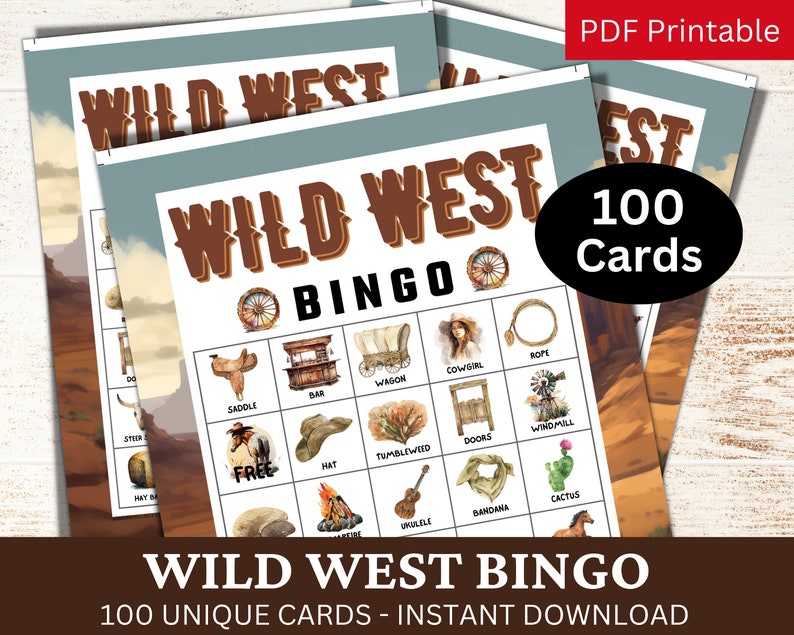 100 Wild West Watercolor Bingo Game, Cowboy Family Party, Summer Guest ...