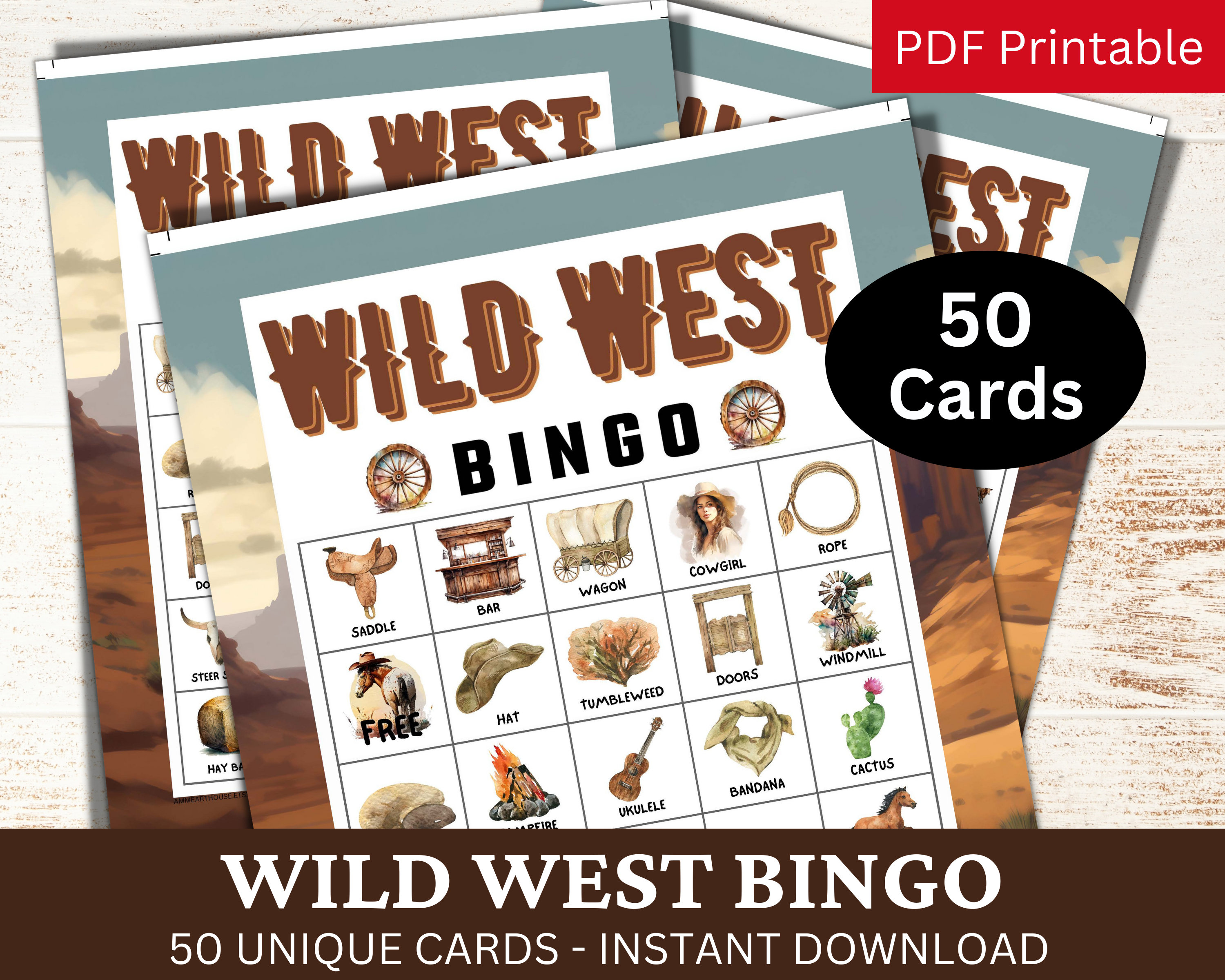 50 Wild West Watercolor Bingo Game, Cowboy Family Party, Summer Picnic ...