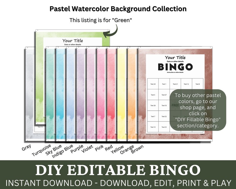 50 Editable Bingo Watercolor Green Template PDF, DIY Fillable Game ...