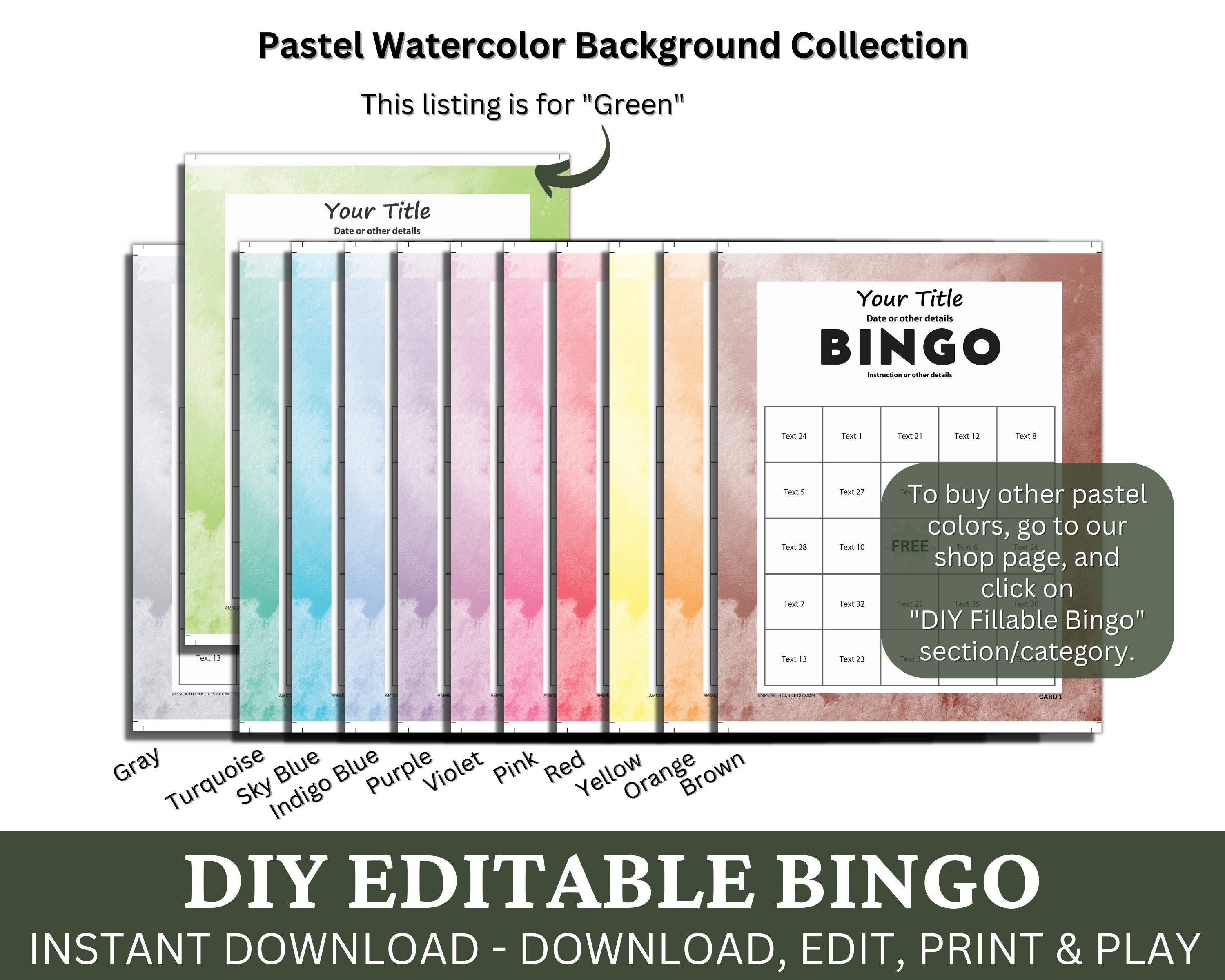 50 Editable Bingo Watercolor Green Template PDF, DIY Fillable Game ...