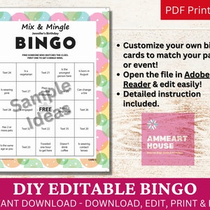 100 Editable Bingo Colorful Pastel Themed Template PDF, DIY Fillable ...