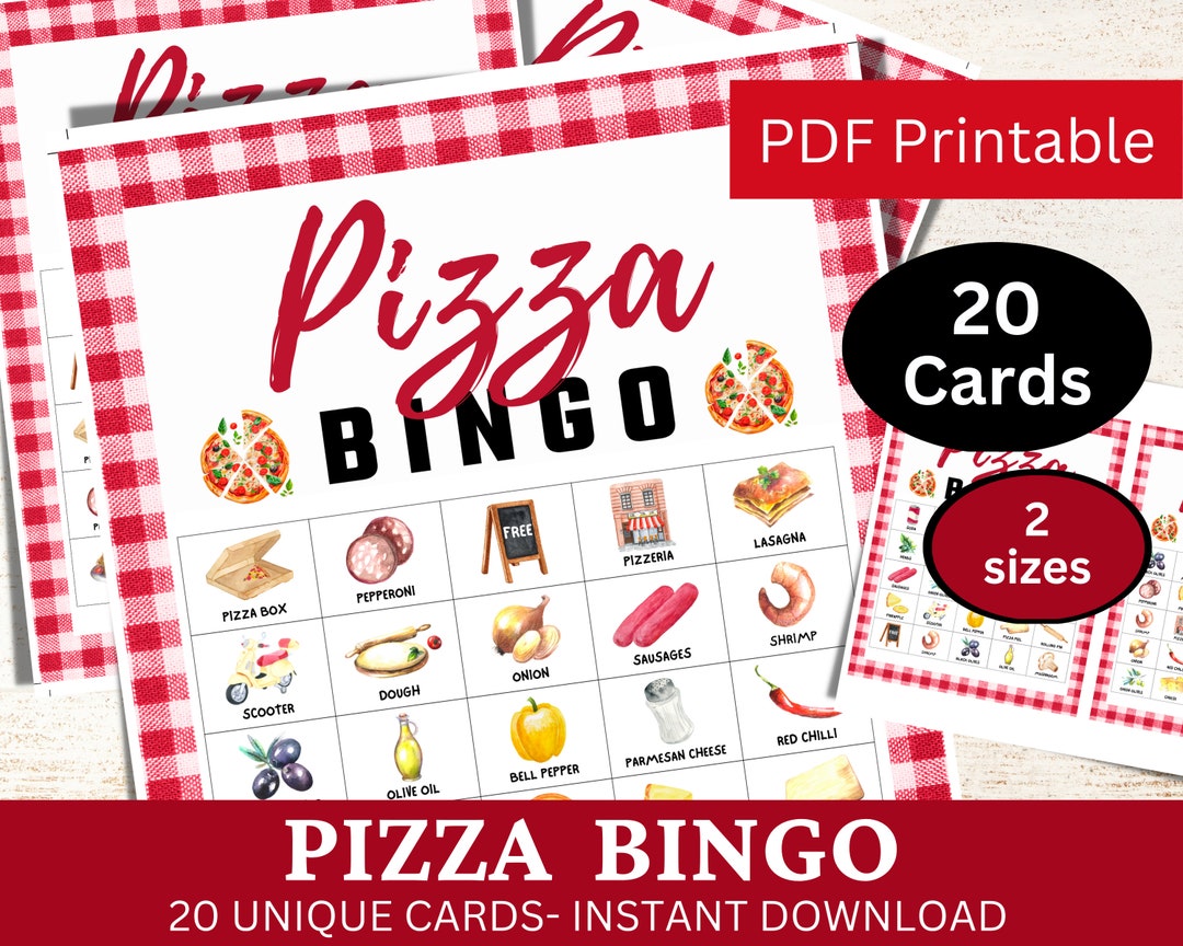 20 Pizza Bingo Game Card, Watercolor Food Theme Party Activity, PDF ...