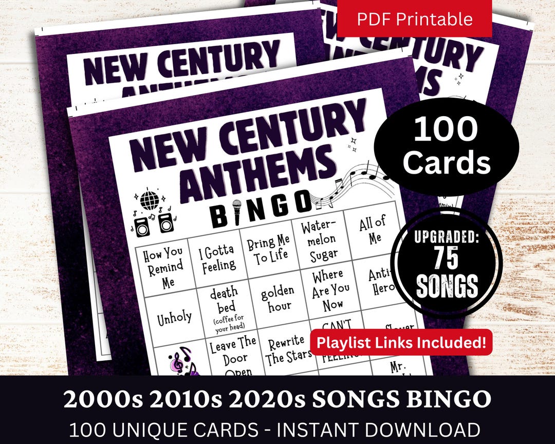 2000s 2010s 2020s Songs Bingo 100 Cards, Modern Theme Reunion Party ...