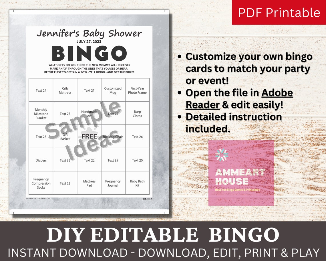 25 Editable Bingo Watercolor Gray Template PDF, DIY Fillable Game Cards ...