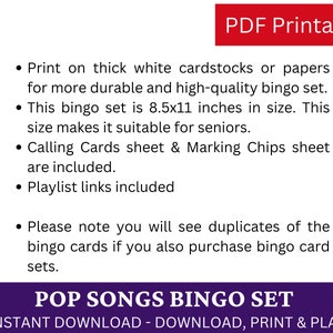 5 Pop Songs Bingo Game Cards, Pop Music Party Activity, Birthday Game ...