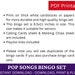 5 Pop Songs Bingo Game Cards, Pop Music Party Activity, Birthday Game ...