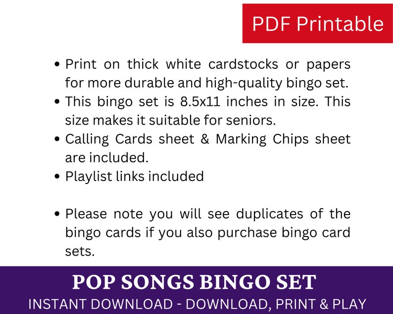 5 Pop Songs Bingo Game Cards, Pop Music Party Activity, Birthday Game ...