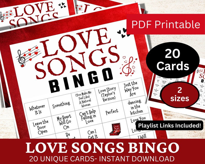 Love Songs Bingo Game 20 Cards, Romance Pop Music Party Activity ...