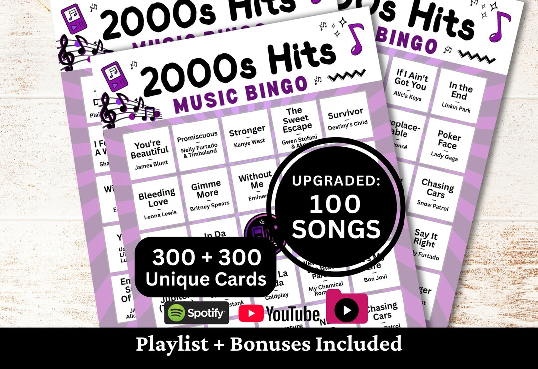 2000s Hits Music Bingo, 300 Cards, 100 Songs Playlists Included ...