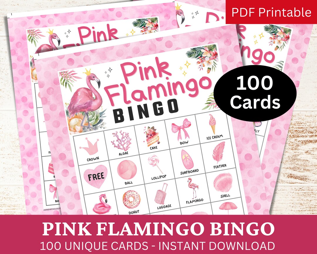 100 Pink Flamingo Watercolor Bingo Game, Tropical Summer Theme Birthday ...
