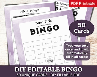 25 Editable Bingo Pastel Violet Template PDF, DIY Fillable Bingo Game ...