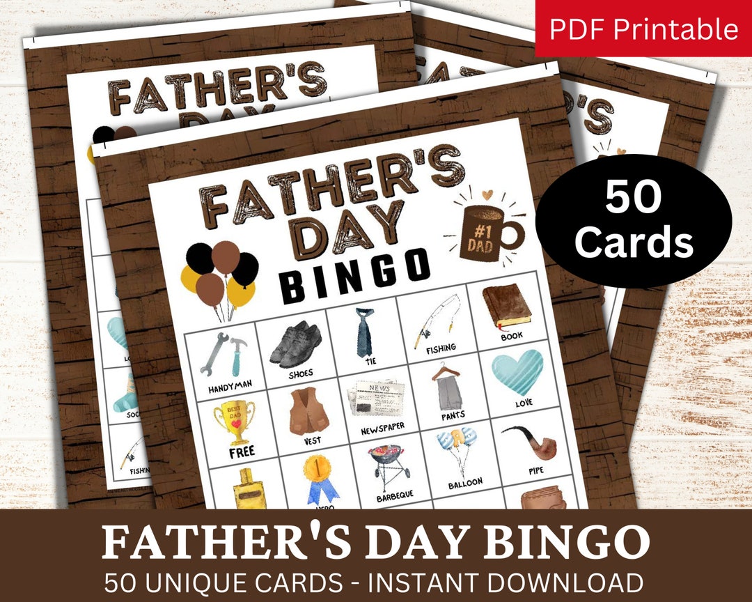 50 Father's Day Bingo Game Card, Watercolor Dad Themed Activity, Family ...