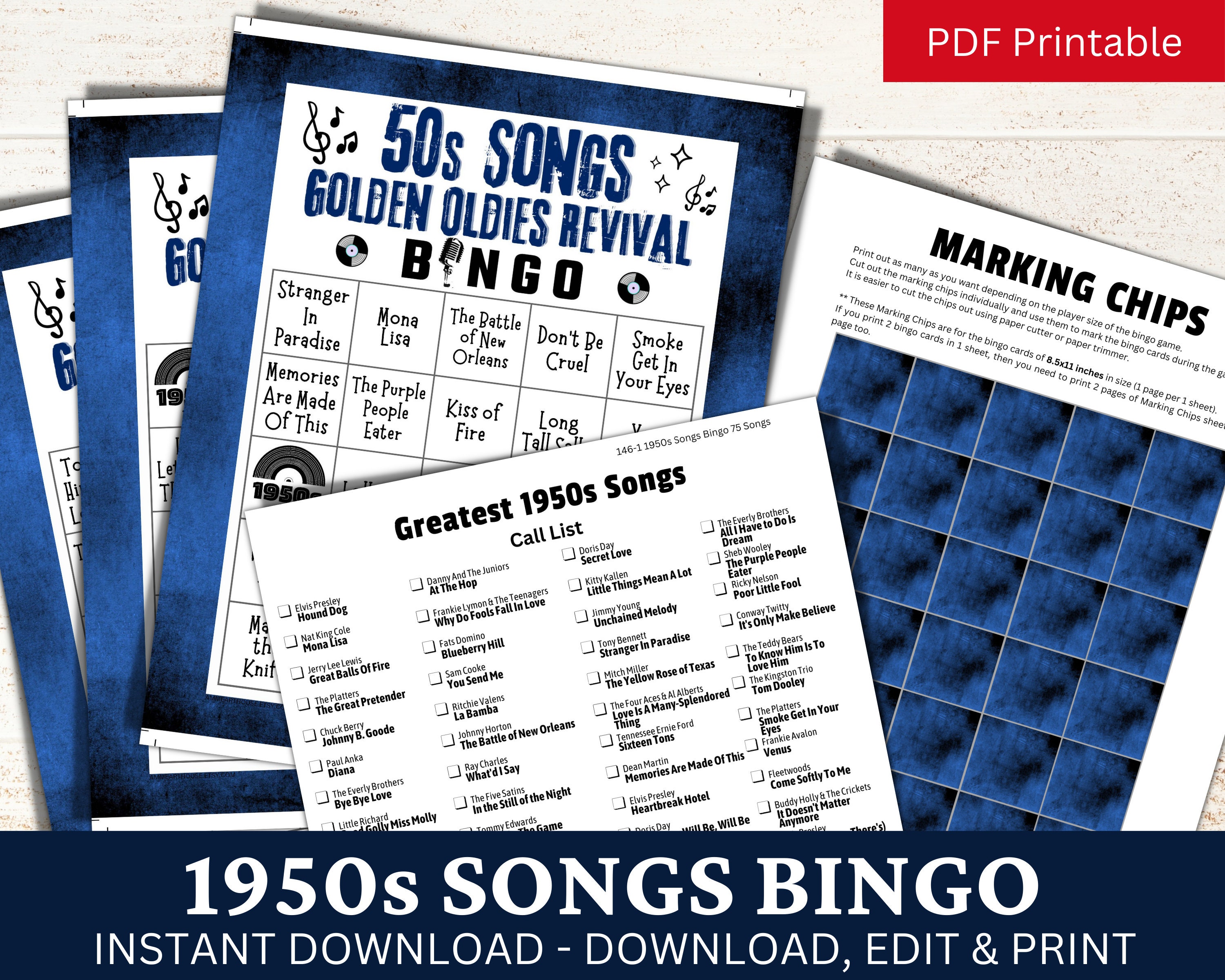 1950s Songs Bingo 50 Cards, 50s Music Bingo With Playlist for Senior ...