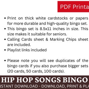 5 Hip Hop Songs Bingo Game Cards, Rap Music Party Activity, Family ...