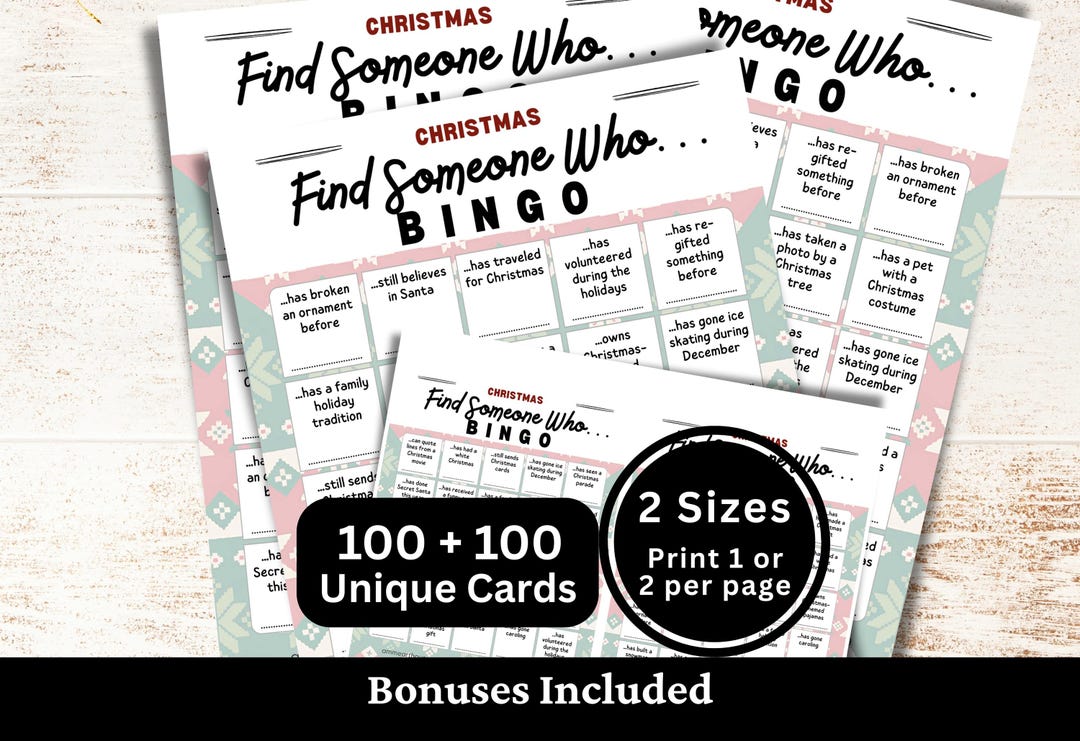 Christmas Find Someone Who Bingo, 100 Cards, Printable Game, Instant ...