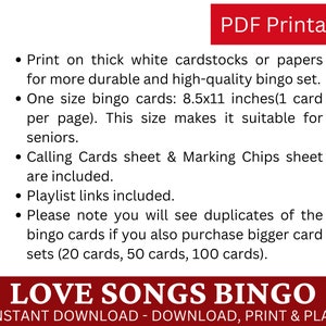 5 Love Songs Bingo Game Cards, Romance Pop Music Party Activity, Family ...