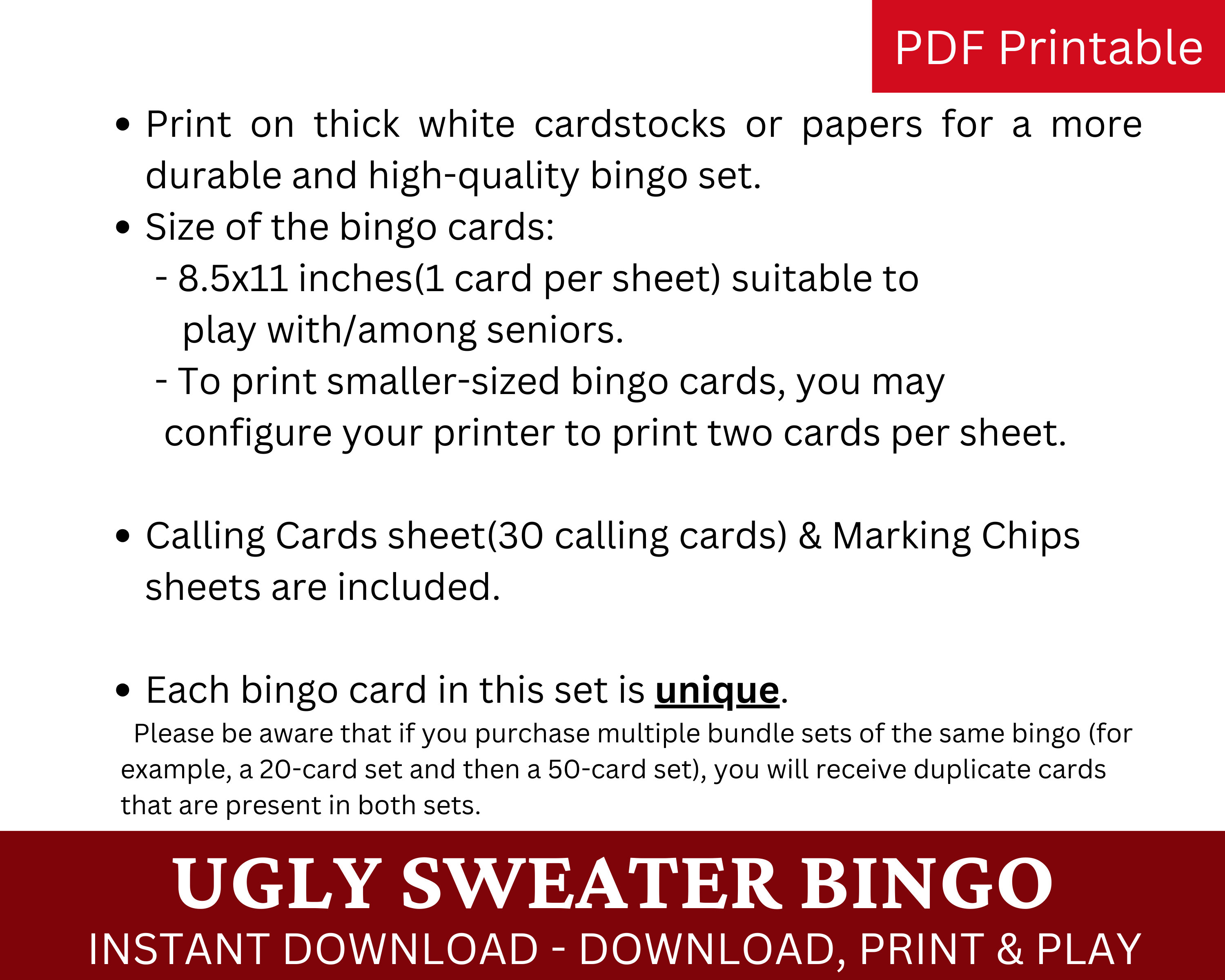 Ugly Christmas Sweater Bingo 100 Cards, Winter Family Game Printable ...