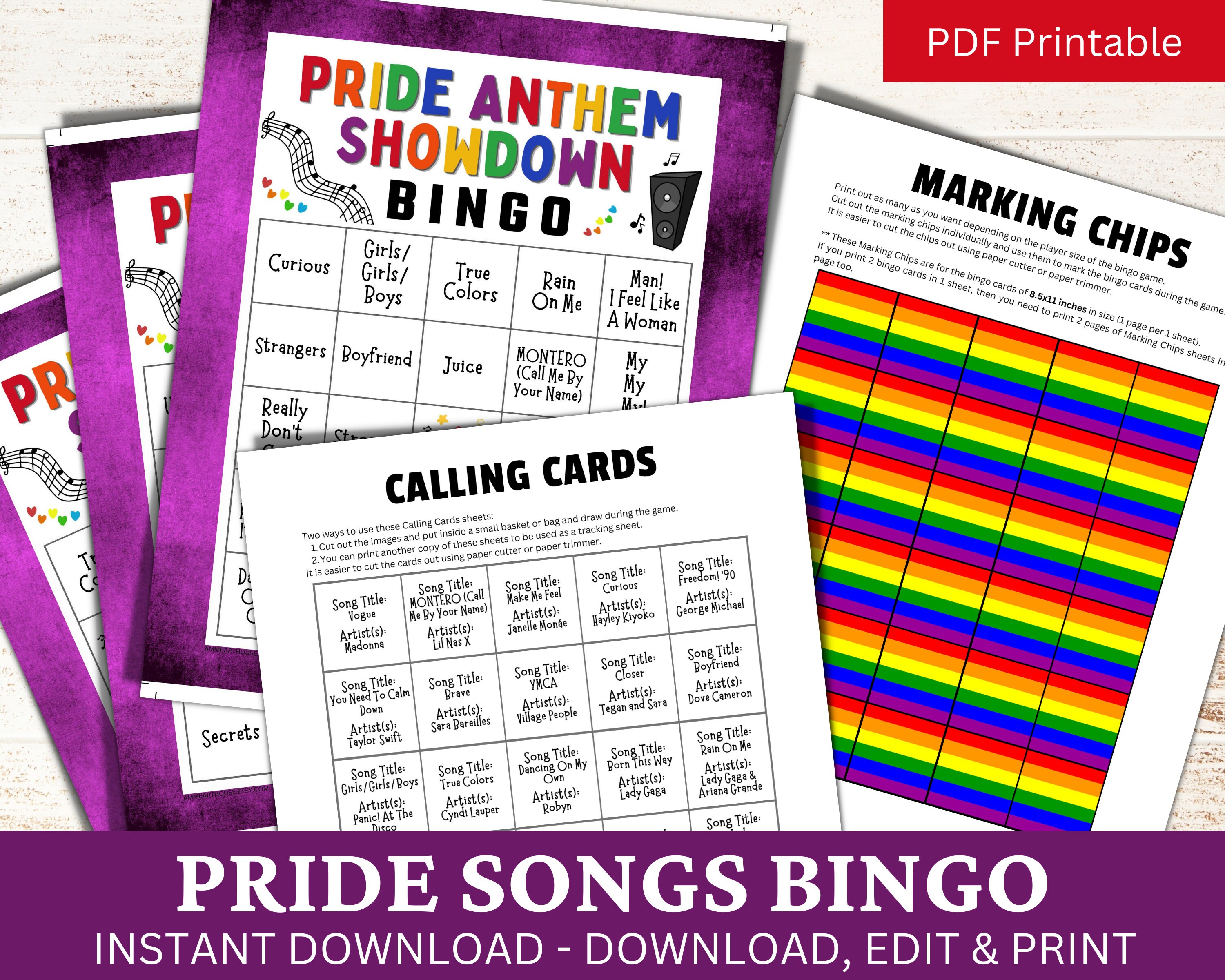 Pride Songs Bingo 150 Cards, Adult Printable LGBTQ Trans Party Activity ...