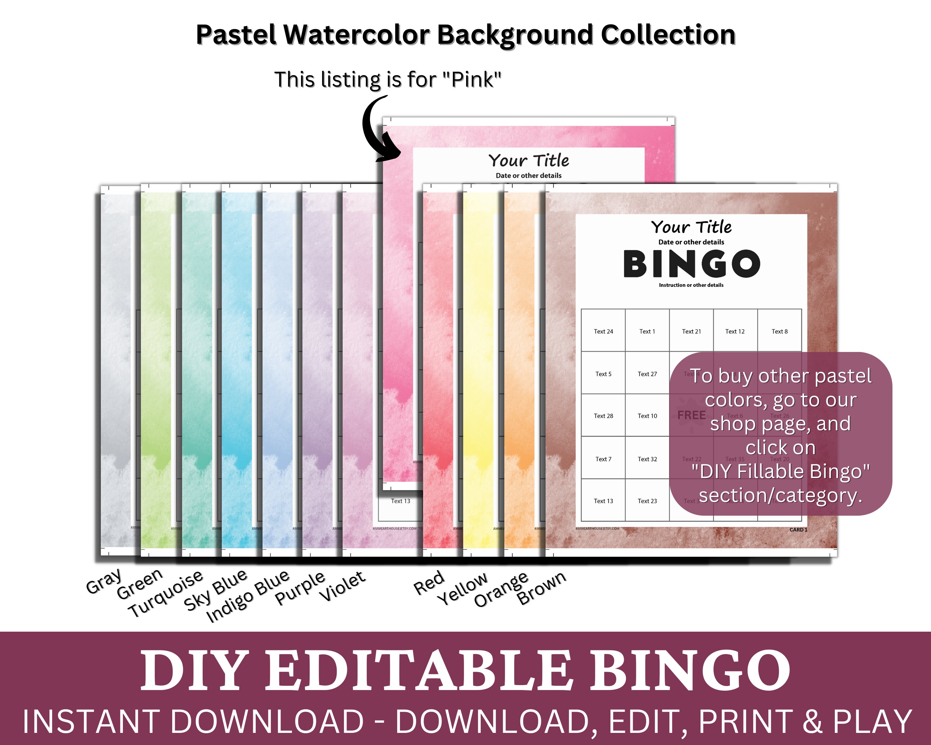 50 Editable Bingo Watercolor Pink Template PDF DIY Fillable - Etsy