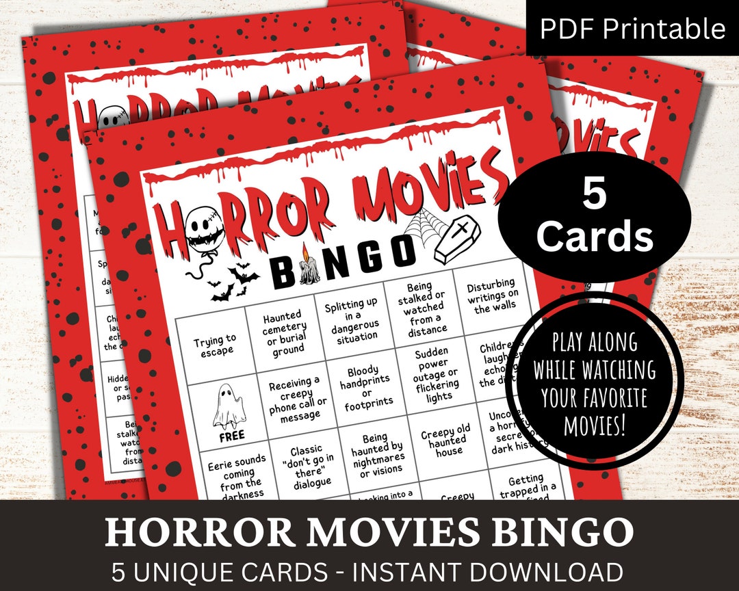 Horror Movies Bingo 5 Card, Halloween Theme TV Shows Watch Party, Scary ...