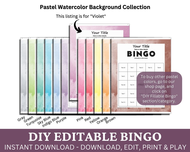 100 Editable Bingo Watercolor Violet Template PDF, DIY Fillable Game ...