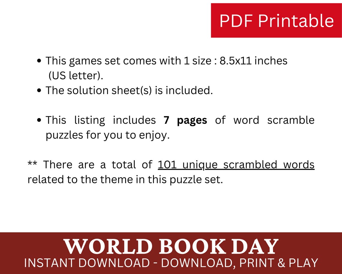 7 World Book Day Themed Word Scramble Puzzle Games, Book Lovers Club ...