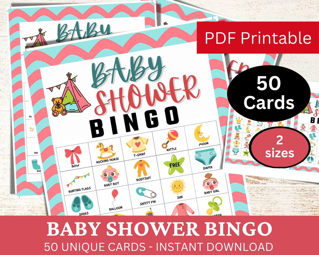 50 Baby Shower Bingo Game Cards, Pink Blue Theme Bingo Activity, Girl ...
