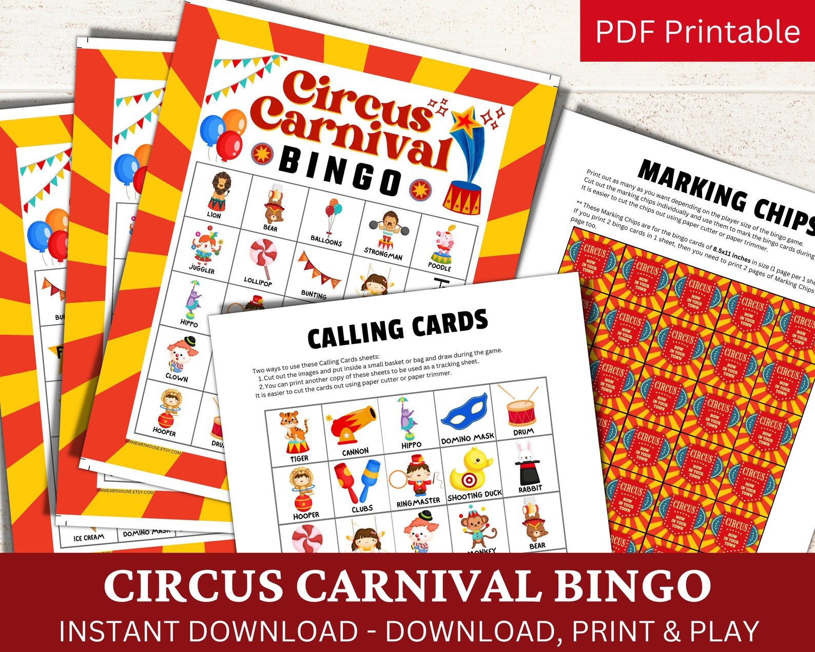 50 Circus Carnival Bingo Game, Family Birthday Party Activity, Road ...