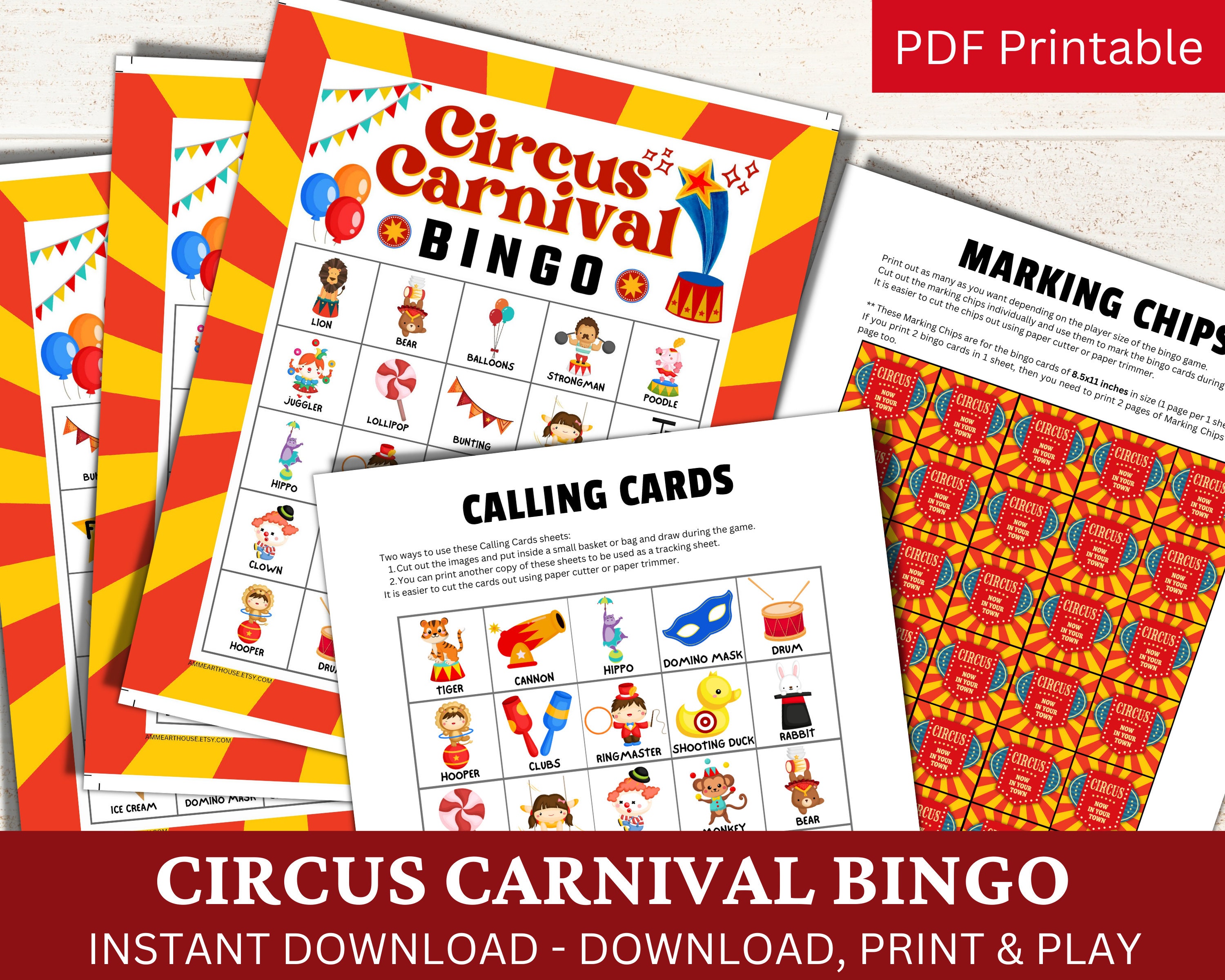 50 Circus Carnival Bingo Game, Family Birthday Party Activity, Road ...