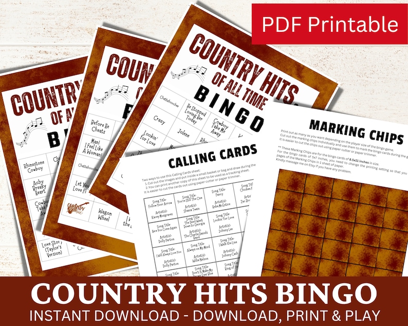 5 Country Music Songs Bingo Game Cards Timeless Hits Party - Etsy