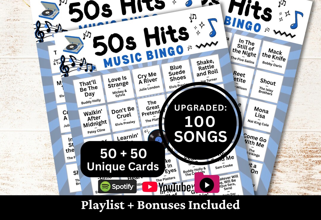 50s Hits Music Bingo, 50 Cards, 100 Songs Playlists Included, Printable ...