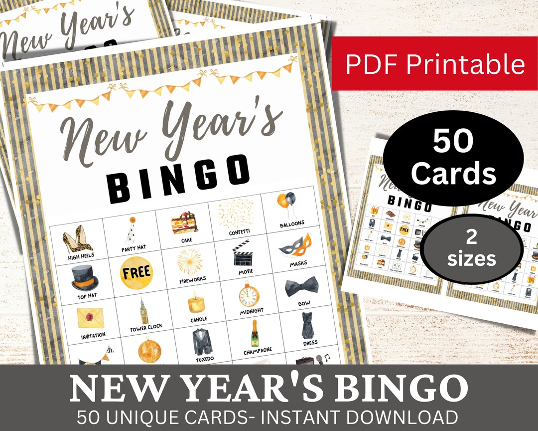 50 New Year's Bingo Watercolor Game Cards, Holiday Party Activity, Fun ...