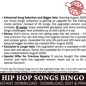Hip Hop Songs Bingo Game 50 Cards, Rap Music Party Activity, Family ...