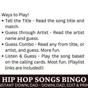 Hip Hop Songs Bingo Game 50 Cards, Rap Music Party Activity, Family ...