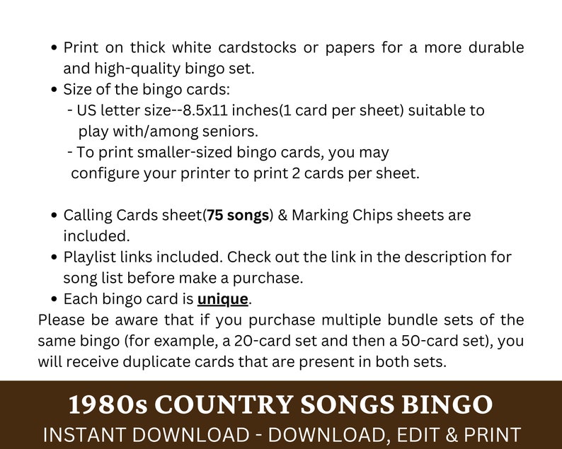 1980s Country Songs Bingo 5 Cards, Classic Music Bingo With Playlist ...