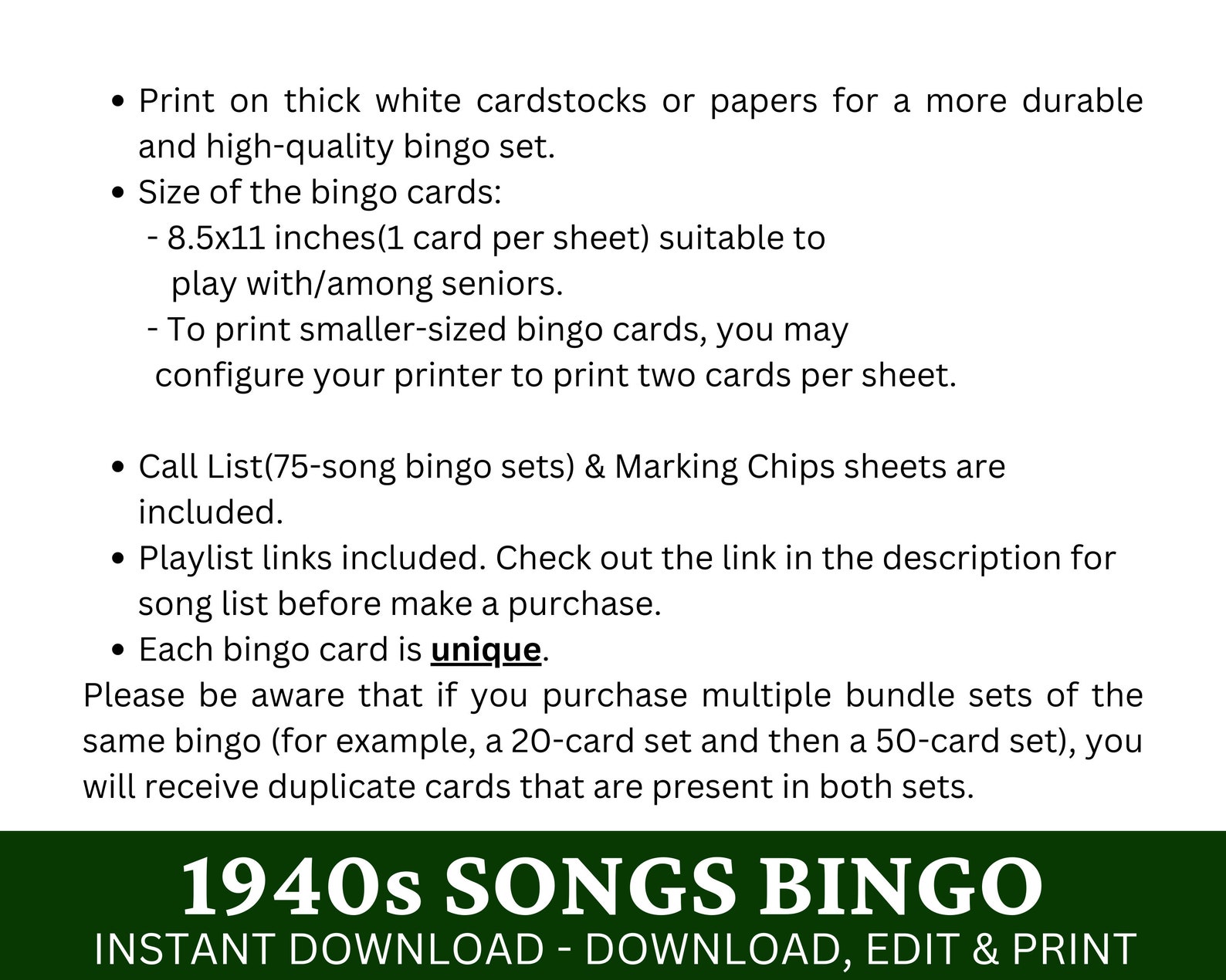1940s Songs Bingo Game 20 Card, 40s Music Bingo With Playlist, Family ...