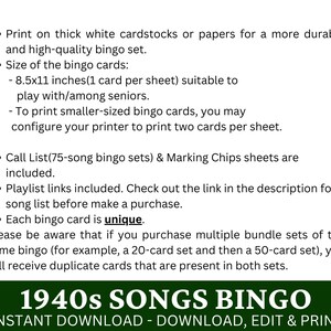 1940s Songs Bingo Game 20 Card, 40s Music Bingo With Playlist, Family ...