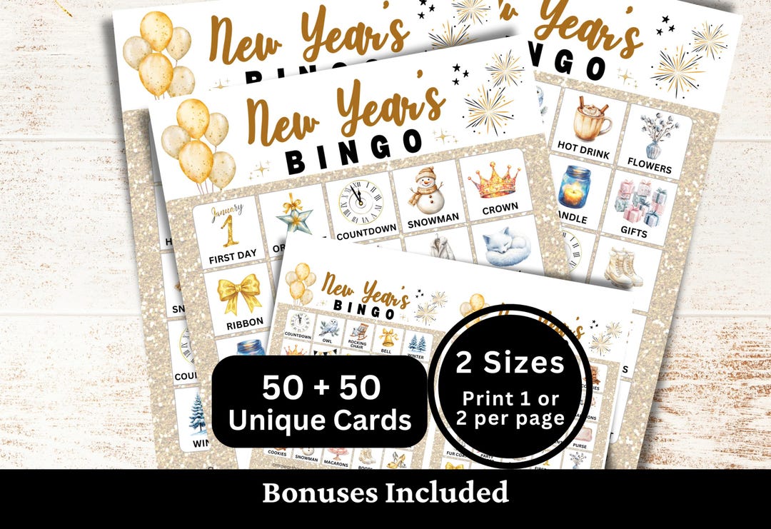New Year's Bingo, 50 Cards, Watercolor Illustrations, Printable PDF ...